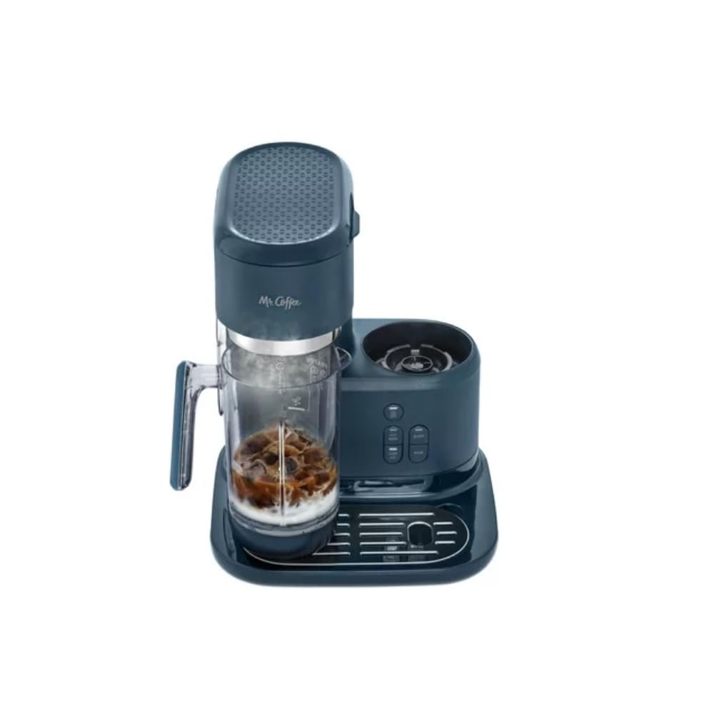 Mr. Coffee 3-in-1 Single-Serve Frappe, Iced & Hot Coffee Maker & Blender w/Reusable Filter, Scoop, Recipe Book, 2 Tumblers, Lids and Straws, Navy Blue