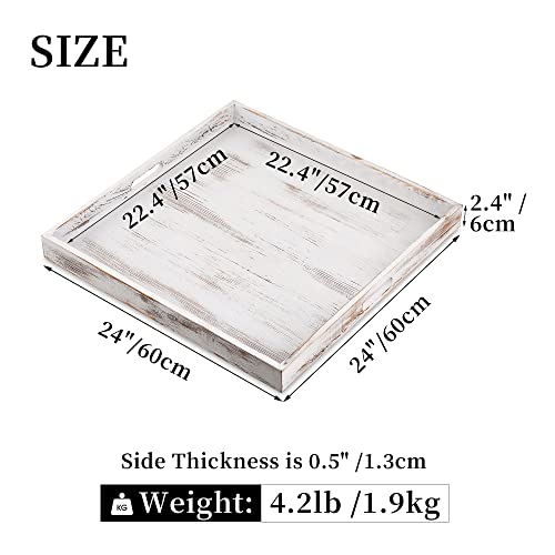 Hanobe Square Large Ottoman Tray: Extra Large Serving Tray with Handles Rustic Wood Whitewash Decorative Coffee Table Trays Farmhouse Home Decor for Living Room Kitchen Counter 24" x 24"
