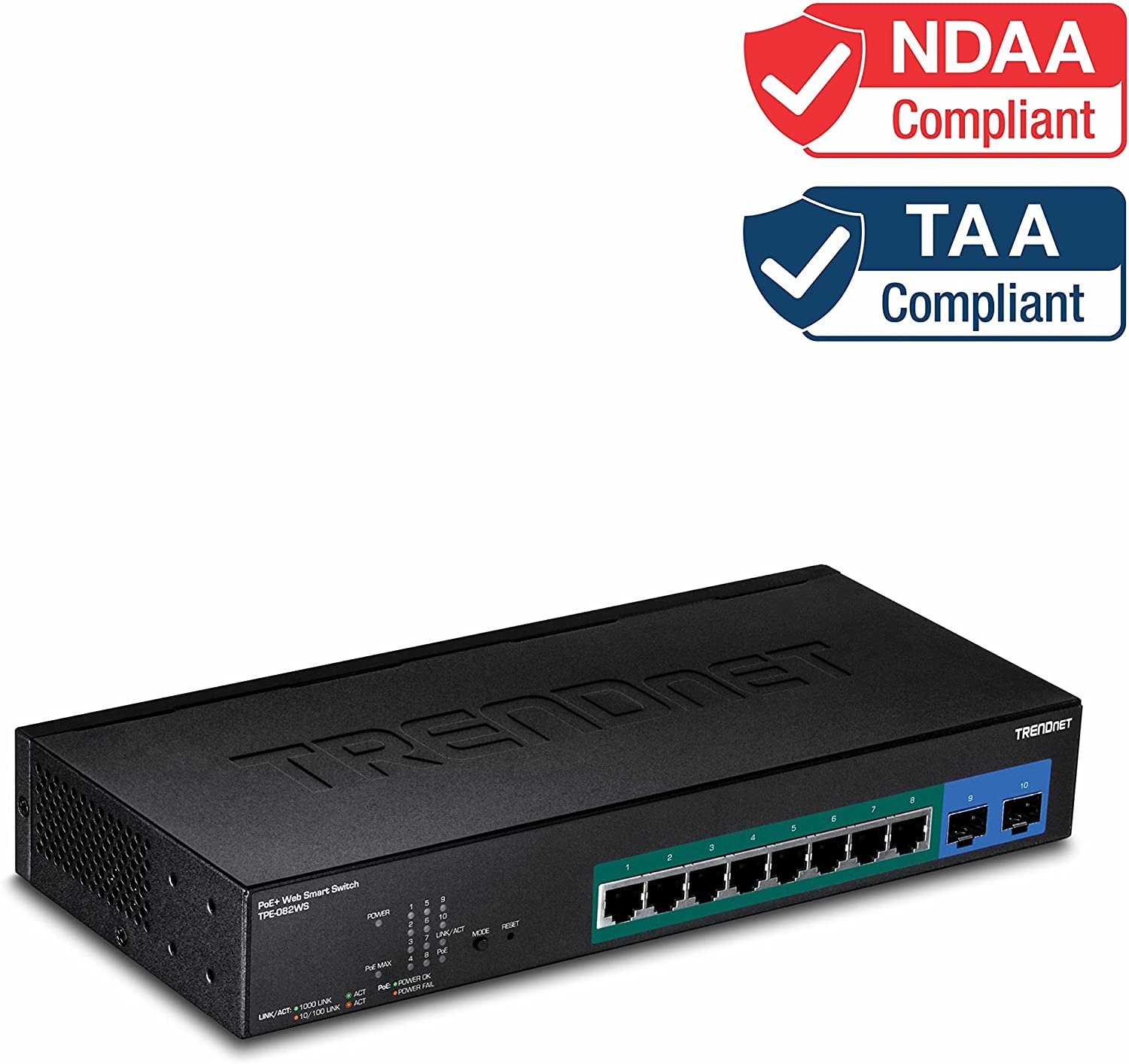 TRENDnet 10-Port Gigabit Web Smart Switch, 20 Gbps Switching Capacity, 8 x RJ-45 Ports, 2 x SFP, Slots, VLAN, QoS, LACP, IPv6 Support, Fanless, Rack Mountable, Lifetime Protection, TEG-082WS Black