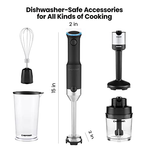 CHEFMAN Cordless Portable Immersion Blender 5-in-1 Blender Set, Ice Crushing Power with One-Touch Speed Control, Comes with Potato Masher, Whisk, Chopper, Beaker, and Storage Case, Stainless Steel