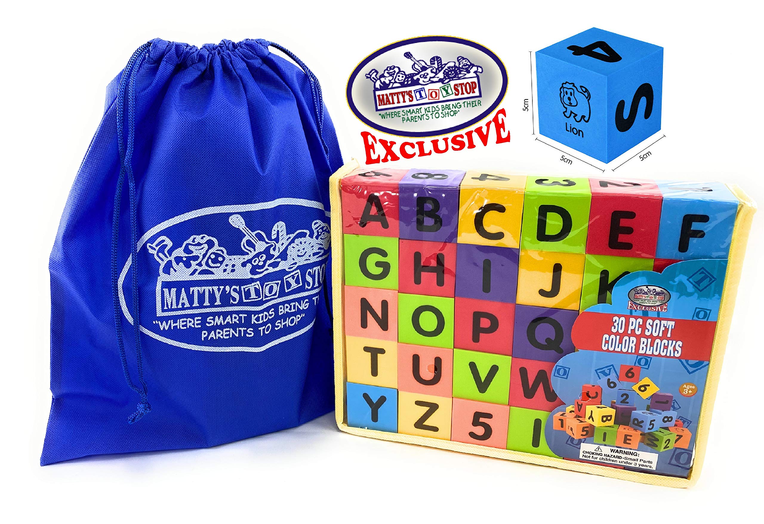 Deluxe 2" EVA Foam Colorful Building Blocks (30 PCS) Featuring Abc's, Numbers & Pictures with Bonus Matty's Toy Stop Storage Bag