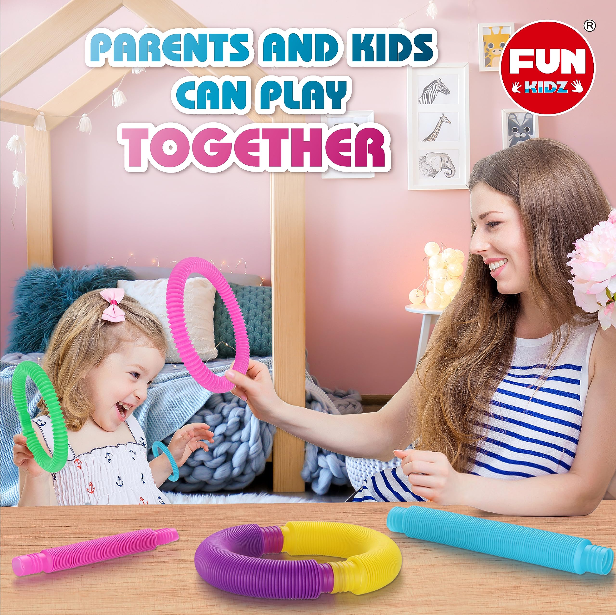 Jumbo & Mini Pop Tubes Toddler Fidget Toys, FunKidz 21Pack Expandable Stretchy Pipe Sensory Tubes, Stocking Stuffers for Kids Learning Gifts Playing Fun for All Ages
