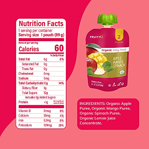 FruityU Organics Baby Food Stage 2 Variety Pack - Banana Blueberry Oatmeal, Apple Mango Spinach, Apple Cherry 3.5 ounce pouch (Pack of 12)