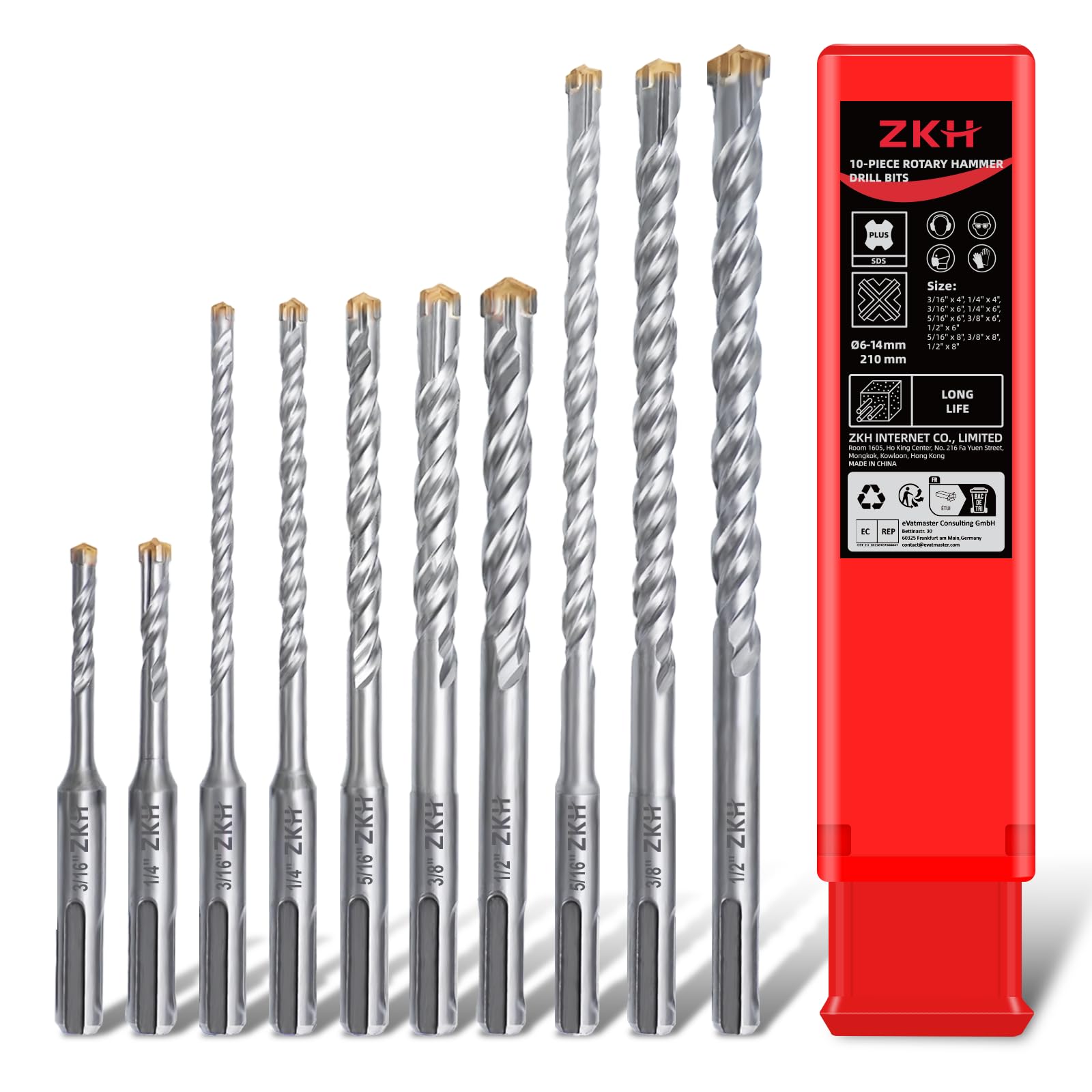 ZKH 10 Pcs SDS Plus Bits Set, (3/16'',1/4'',5/16'',3/8",1/2"), Carbide TippedïŒYG8, Rotary Hammer Drill bits for Concrete, Cement, Stone, Brick, Ceramic Pots & More