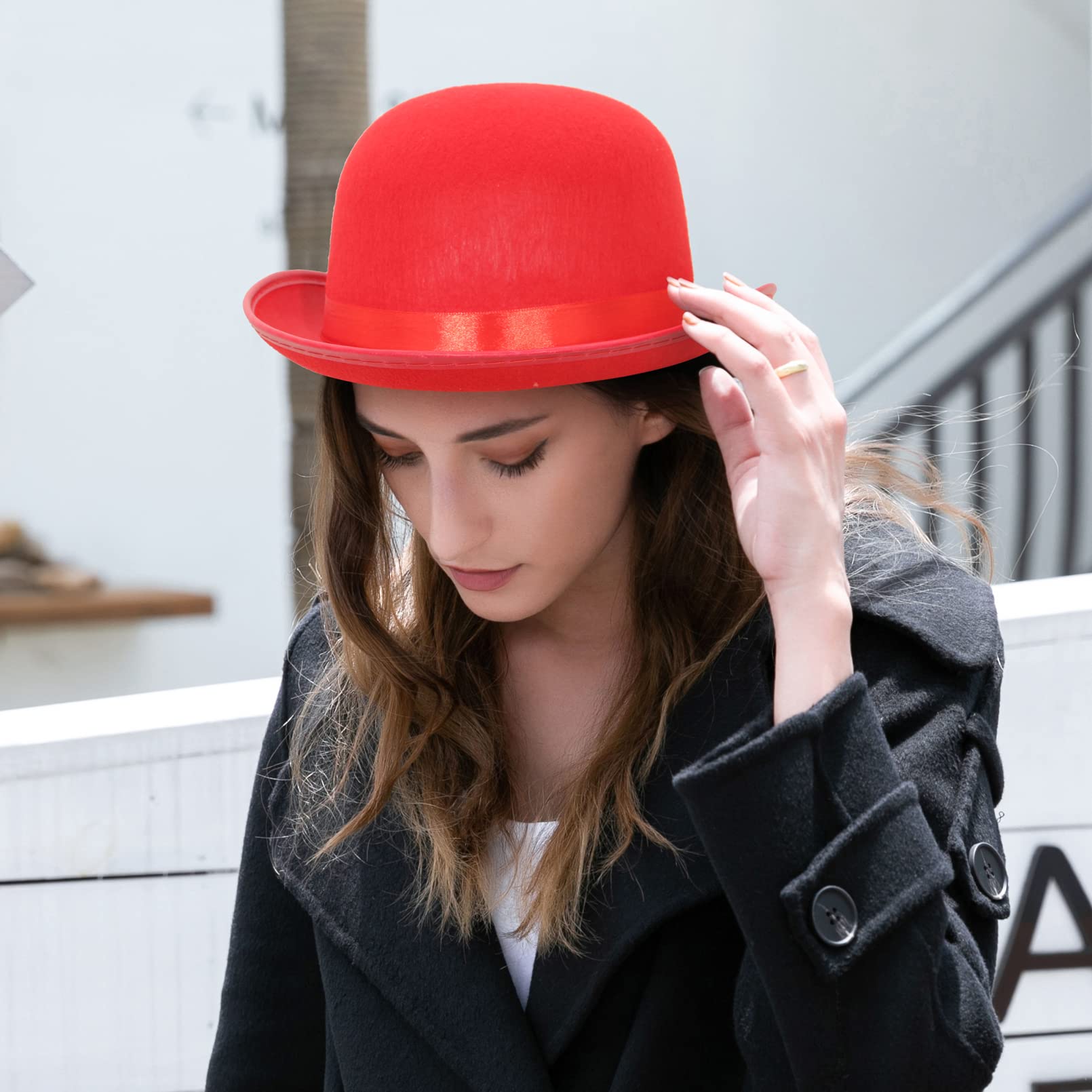 GEMVIE Classic Black Felt Derby Hat Lightweight Bowler Hat Novelty Costume Hat for Party Dress Ups Red