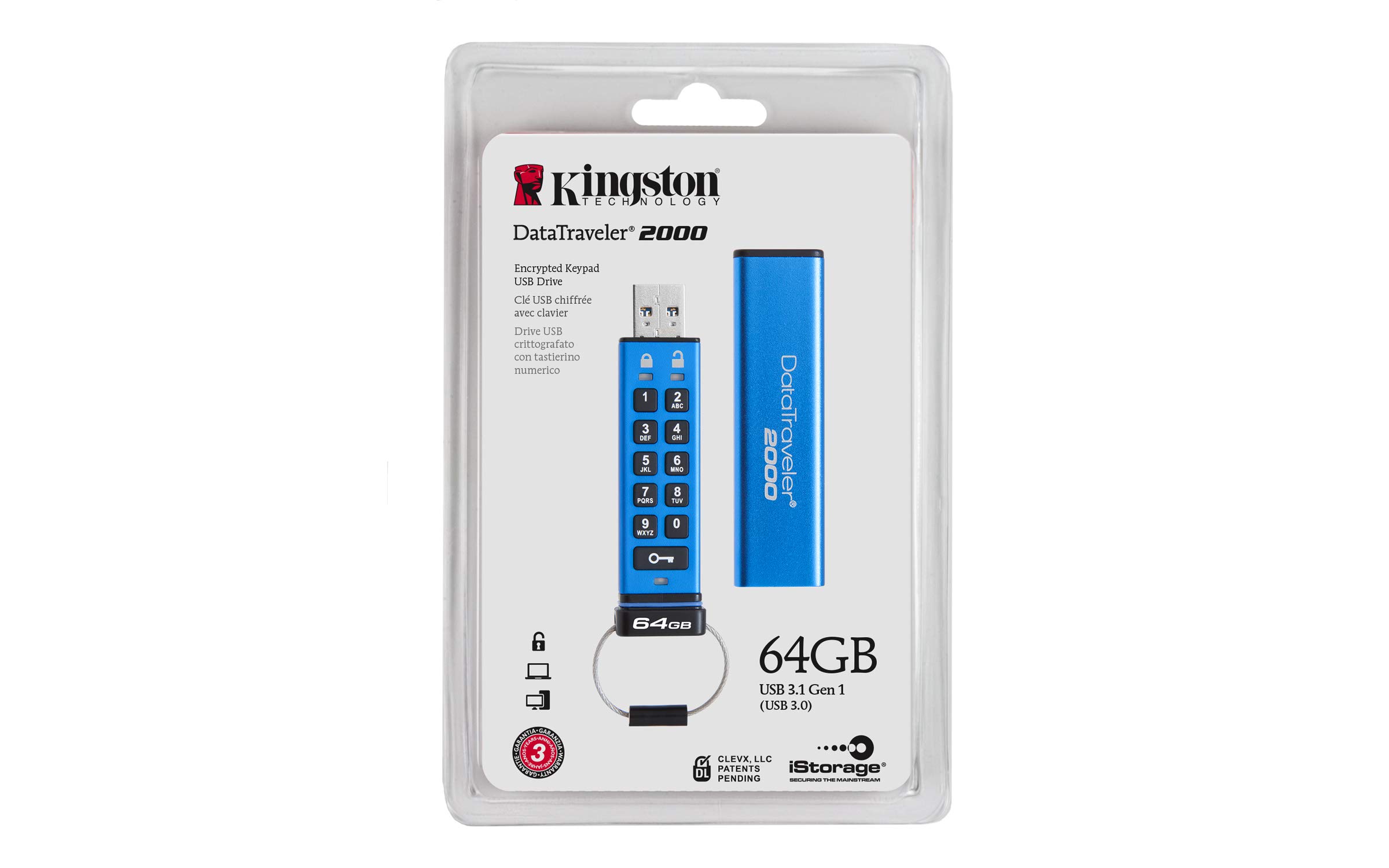 Kingston Digital 64GB DT2000 Keypad USB 3.0, 256bit AES Hardware Encrypted (DT2000/64GB)
