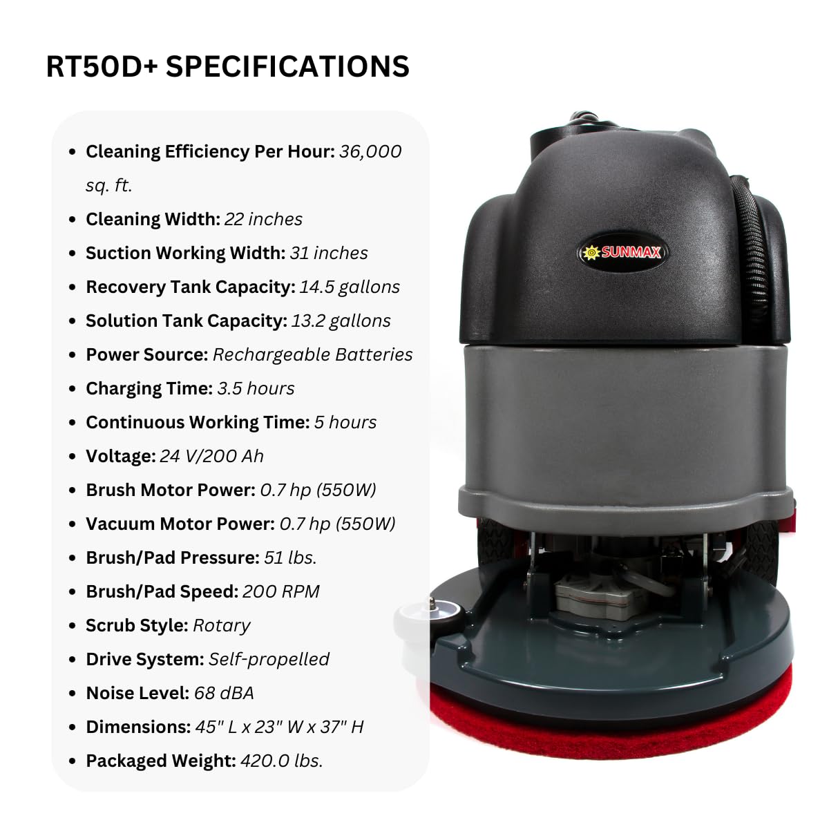 RT50D+ 22" Width Self-Propelled Floor Scrubber Dryer Machine with Traction Drive, 14.5 Gal Sewage Tank, 36,000 sqft/h, 3.5 hours Fast Charging