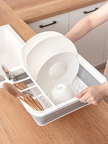 J&V TEXTILES Collapsible Dish Drying Rack - Popup for Easy Storage, Drain Water Directly into The Sink, Room for Eight Large Plates, Sectional Cutlery and Utensil Compartment, Compact (Red)