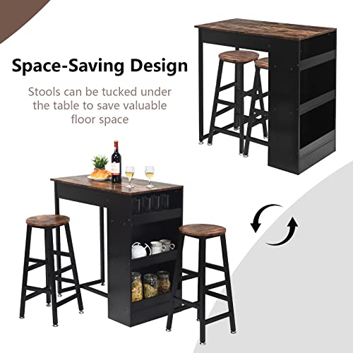 COSTWAY 3 Pieces Bar Table and Chairs Set, Counter Height Dining Table with 2 Bar Stools and 3 Shelves, Industrial Pub Kitchen Table Set for Living Room, Restaurant, Bar, Brown