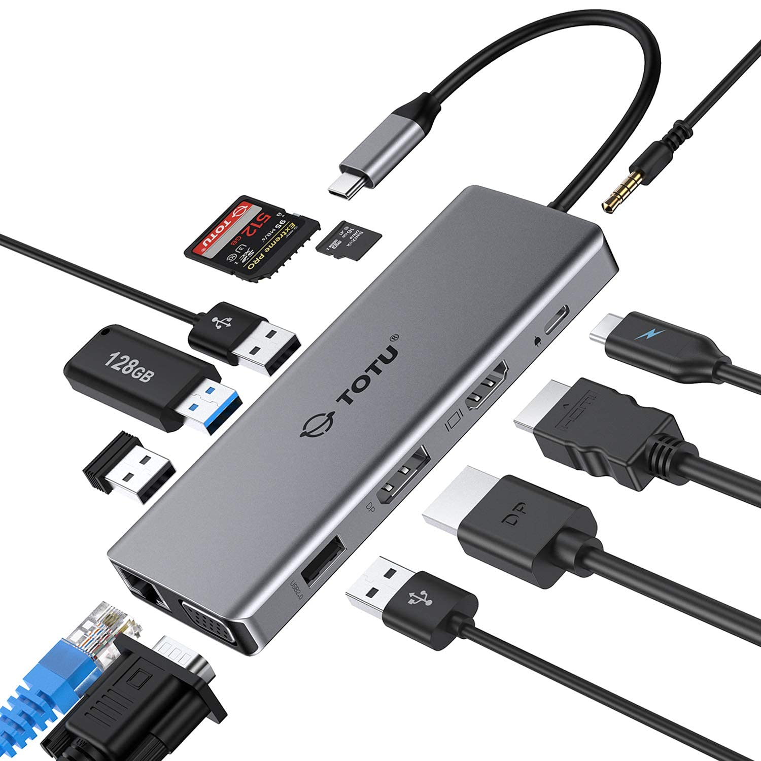 USB C Hub, TOTU Upgraded 13 in 1 Type C Hub to 4K HDMI & DP, VGA, 2 USB3.0/2 USB2.0/75W PD, Triple Display Docking Station for MacBook Pro and Windows USB C Systems, macOS only Support Mirror 1