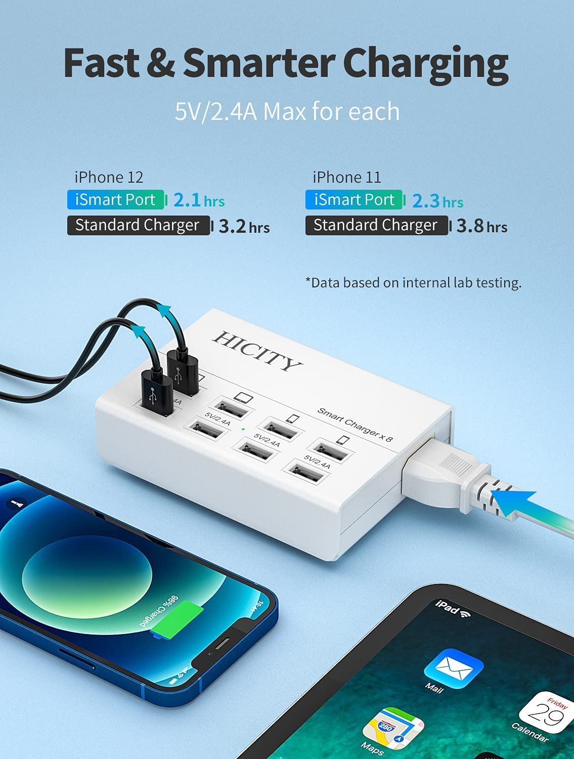 USB Charging Station, 8-Port USB Charger Hub 50W/10A Multi Port Charger for Phone iPad Tablet Multiple Devices (5ft Detachable Cord, White)