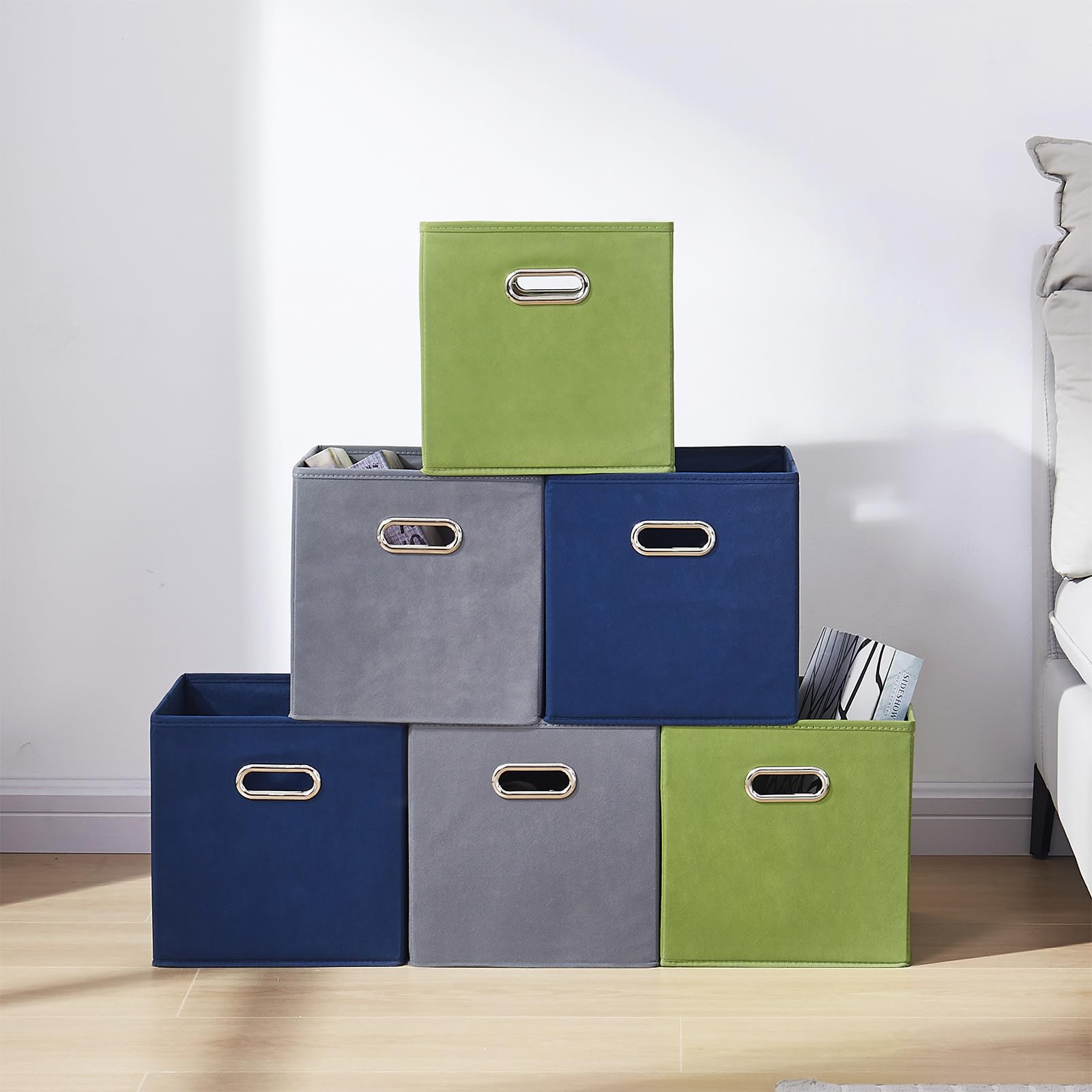Lanrinwon 11 Inch Fabric Collapsible Storage Cubes,6 Pack Colored Closet Storage Bins with Metal Handles Foldable Cube Baskets for Organizing Clothes, Toys, Books（Green, Gray, Dark Blue）