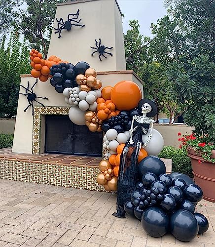 Bonropin 160Pcs Halloween Balloon Garland Arch kit with Black White Orange Silver Agate Balloons for Halloween Day Party Background Decorations