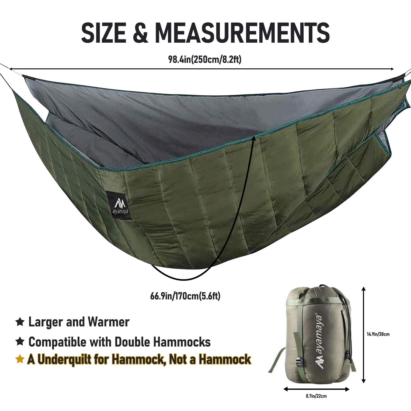 AYAMAYA Single & Double Hammock Underquilt Full Length Big Size Under Quilts for Hammocks, Camping Backpacking Essential, Winter Cold Weather Warm UQ Blanket Bottom Insulation