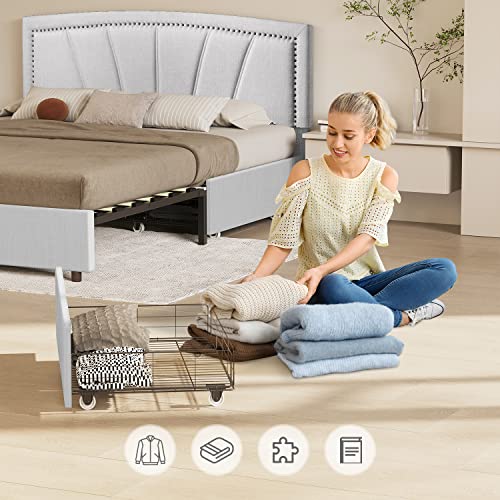 BONSOIR Queen Size Storage Bed Frame Upholstered Low Profile Traditional Platform with Tufted and Nail Headboard/No Box Spring Needed/4 Pull Out Drawers/Light Grey Linen Fabric (Queen Size)