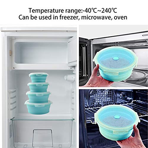 Cvwjz Silicone Collapsible Food Storage Containers,Set of 4 Round Folding Silicone Lunch Box,Microwave and Freezer Safe (Blue)