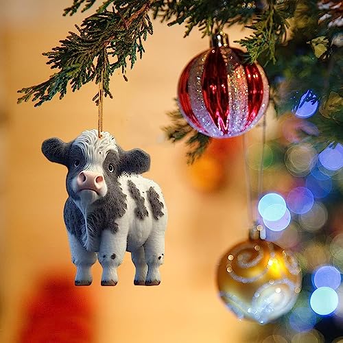 Cartoon Cow Decorative Hanging Ornament for Cars Backpacks Cute Acrylic Highland Cow Pendants Christmas Tree Decorations (Non-3D 10pcs cows, 8.5cm/3.35inch)