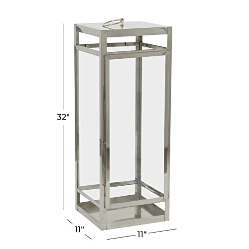 Deco 79 Stainless Steel Pillar Candle Lantern, 11" x 11" x 32", Silver