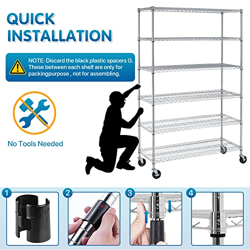 Dkelincs 6 Tier Wire Shelving Unit with Wheels 48" X 18" X 76" Metal Storage Shelves Height Adjustable NSF Heavy Duty Commercial Grade Garage Shelf Rack for Kitchen Basement Restaurant,Chrome