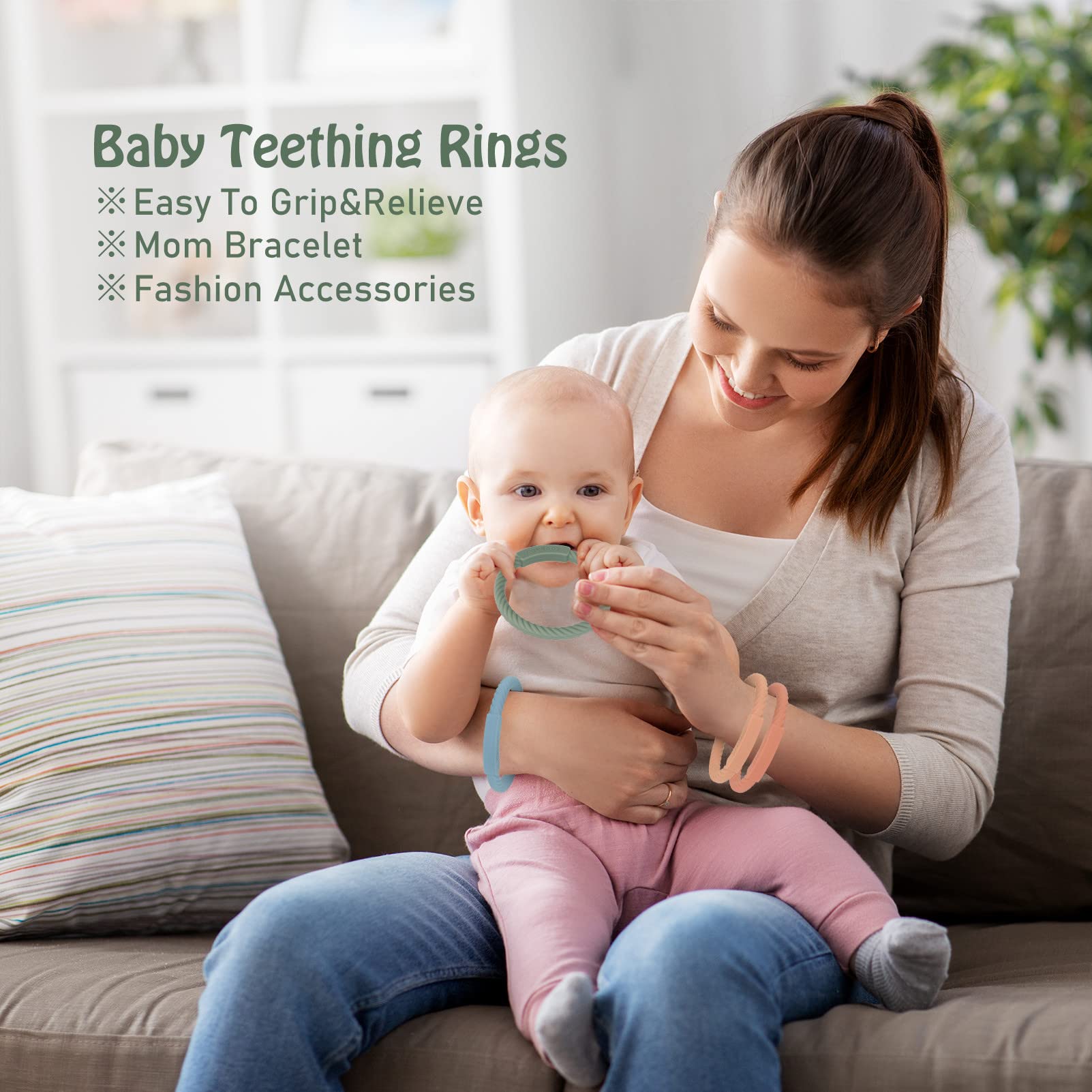 Baby Teething Rings,Baby teether Toys, Soft Silicone Teether Bracelets for 3+Month Babies,Wearable as Mom Bracelets,Baby chew Toys,BPA Free,4 Pack (Ether+Sage+Muted+Apricot)