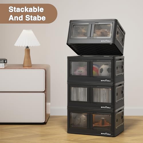 BROVIEW V5 33Gal Plastic Storage Bins with Lids, 4Pack Stackable Collapsible Storage Bins for Closet Organizers and Storage, Folding Storage Container Cabinets with Doors and Wheels, Black