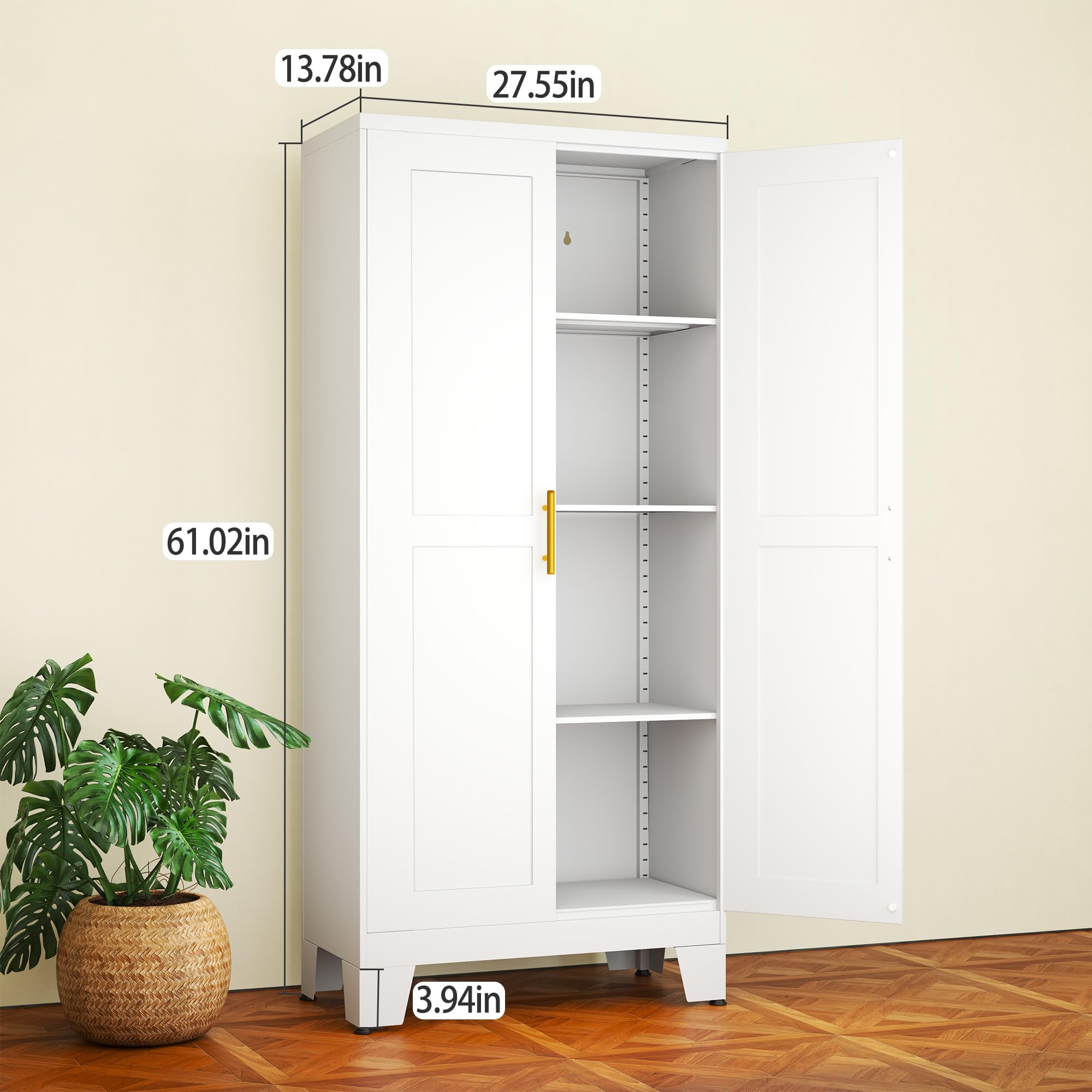RISTERN White Metal Storage Cabinet, 61" Steel File Cabinet for Home Office, Kitchen Pantry Storage Cabinet with Doors and 3 Adjustable Shelves, Tool Cabinet, for Office, Home, Garage, School