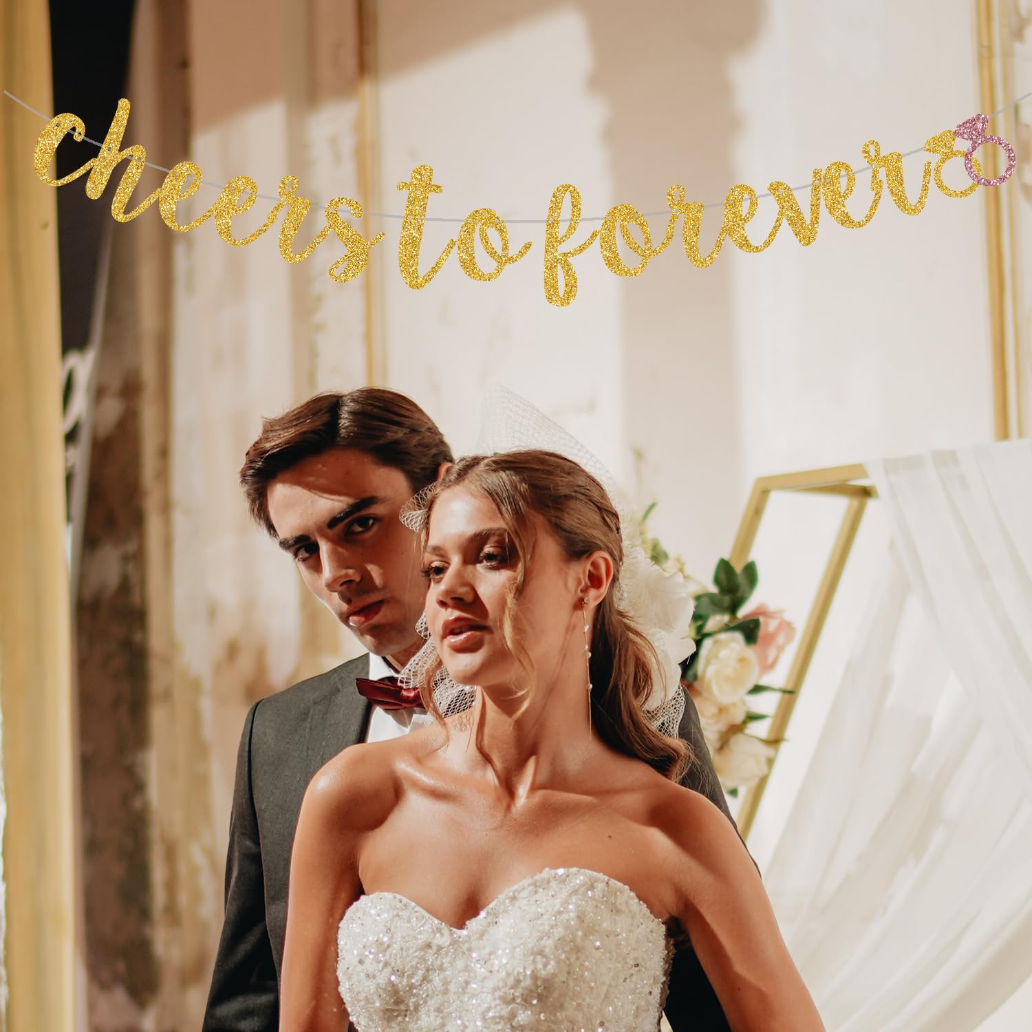 Cheers To Forever Banner for Gold Gliter Engagement/Wedding Banner/Bridal Shower Party Decorations (Pre-Strung)