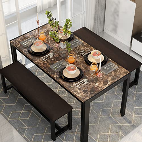 DKLGG Dining Room Table Set for 4, Faux Marble Kitchen Table with 2 PU Leather Upholstered Dining Benches, Upgrade Dinner Table Set for 4-6, Kitchen & Dining Room Tables for Small Space Apartment