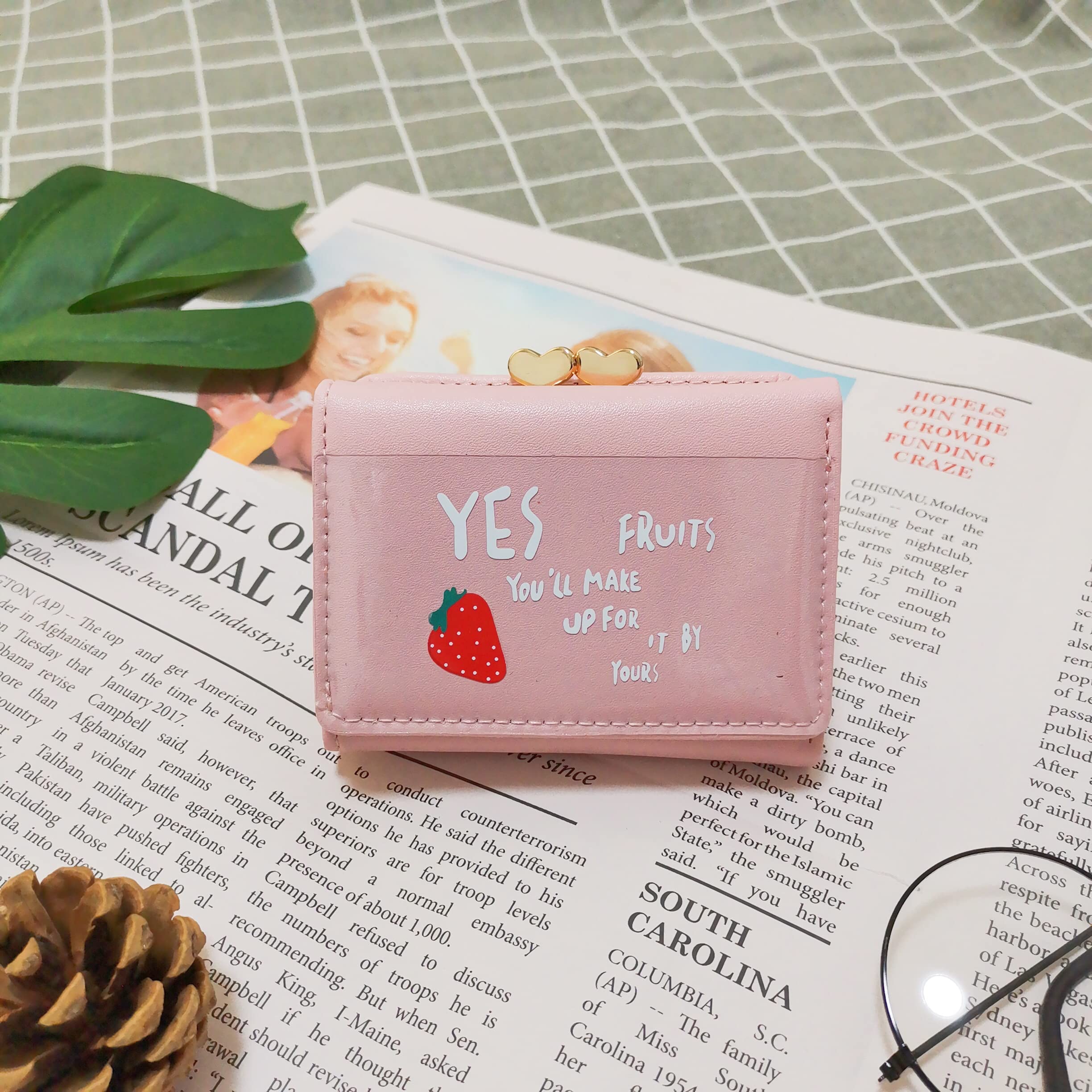 Loxepur Women Cute Fruit Print Wallet Tri-Fold Multi-card Coin Purse (Pink)