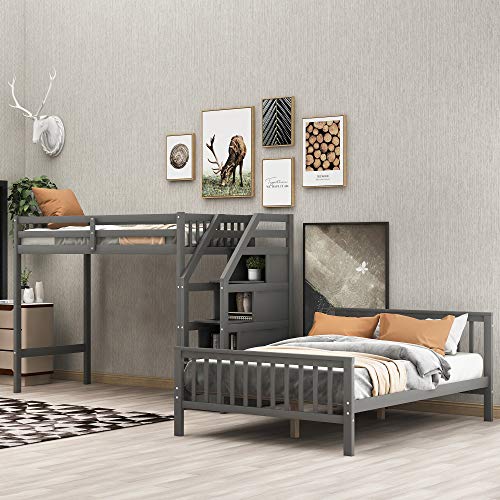 DEYOBED Twin Over Full Wooden Bunk Bed and Loft Bed Convetible with Storage Staircases for Kids Teens