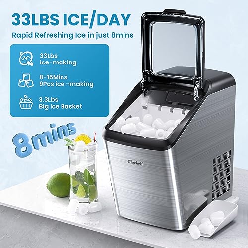 Countertop Ice Makers Countertop Ice Machine Elechelf,33Lbs/24Hr's,Bullet Icer Maker Machine,9 Pcs Cube Ready in 8-15mins with Scoop and Basket,Perfect for Home/Kitchen/Party/Office(Sliver)