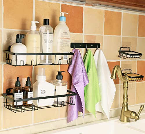 E-HAO Adhesive Shower Caddy Shelf Organizer (2 Pack) with 2 Soap Dishes & 1Towel Hook. 304 Stainless Steel shower Shelves Bathroom Basket Rack for Shower Kitchen Storage