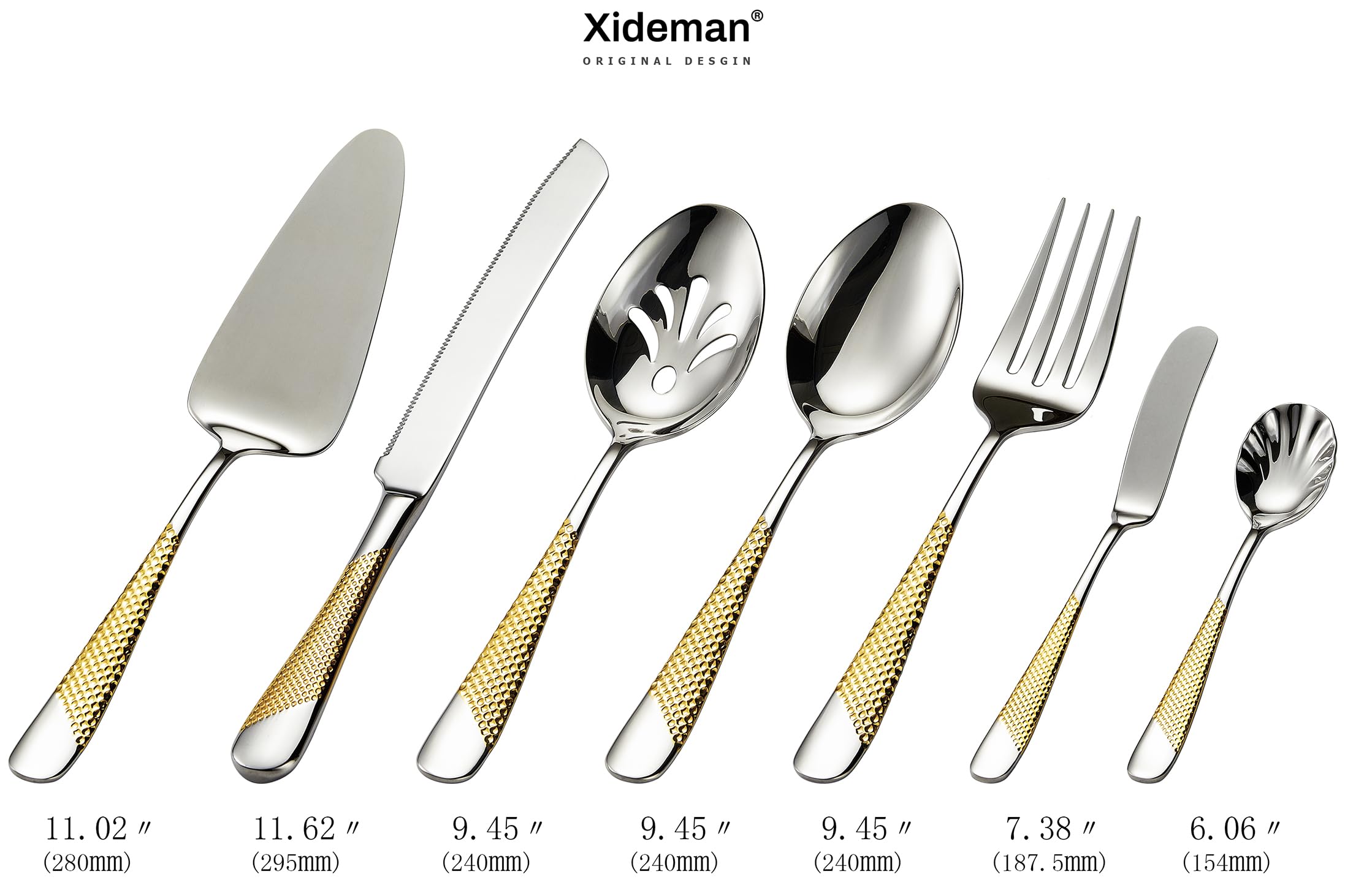 Xideman® 7-Piece Hammered 18/10 Stainless Steel Silverware Serving Utensil Set - Hostess Flatware with Cake Knife & Cake Server (Silver Gold)