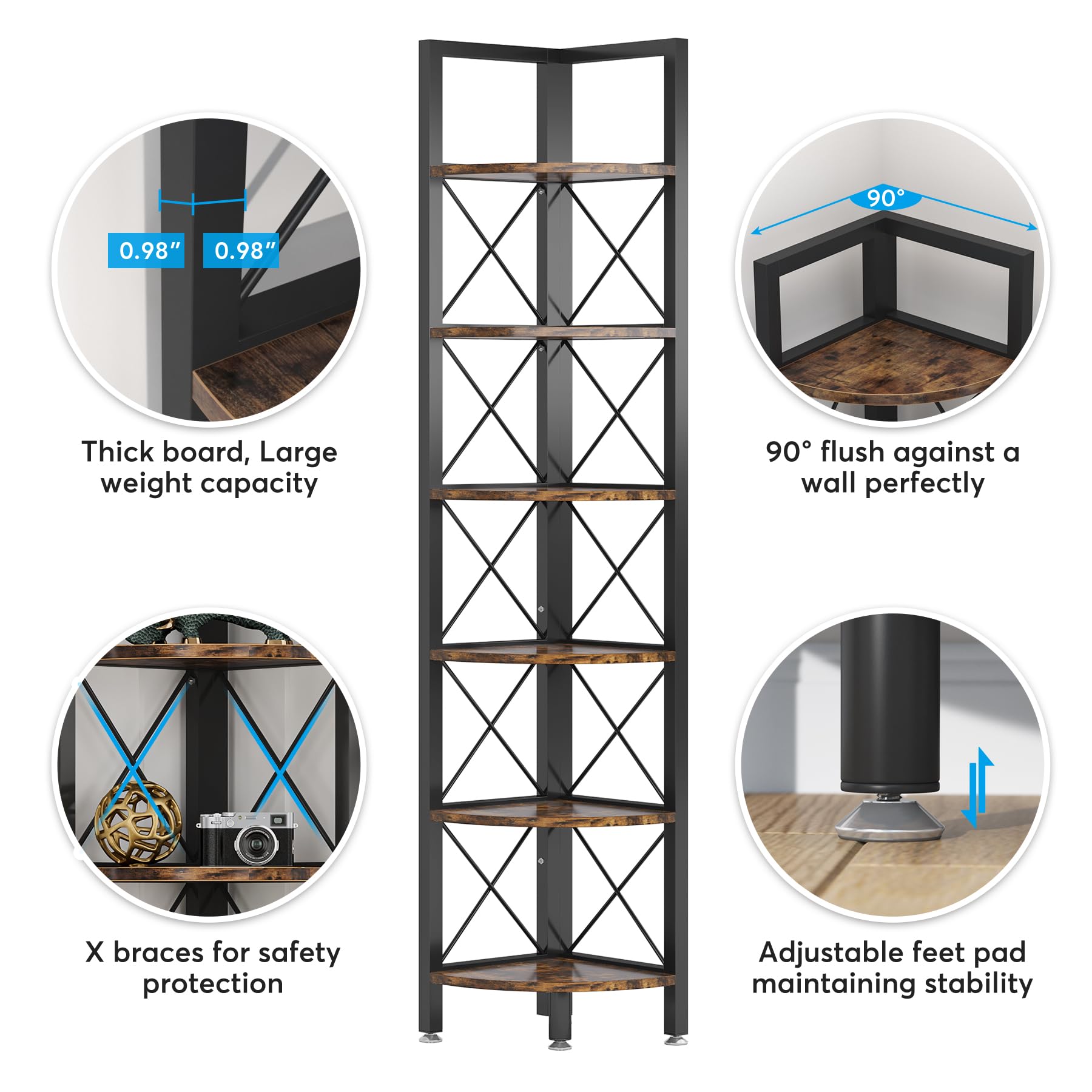 Tribesigns 6 Tier Corner Shelf, Modern Corner Bookshelf Small Bookcase Corner Storage Rack Plant Stand for Living Room, Home Office, Kitchen, Small Space