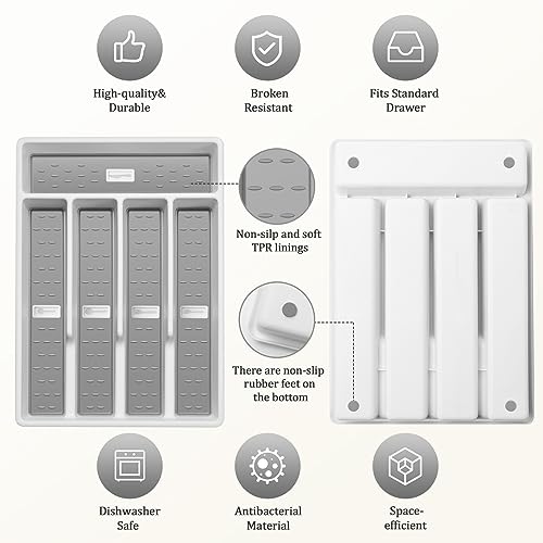 CherHome Silverware Organizer with Cutlery Icons,Silverware Tray for Kitchen Drawer,Plastic Flatware Tableware Silverware Drawer Organizer Utensil Organizer with Non-slip TPR Linings,5-Compartment(Grey)