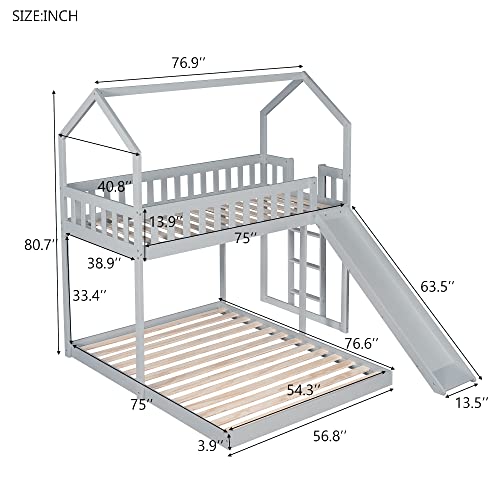 DEYOBED Twin Over Full Wooden Bunk Bed with Slide for Kids Teens