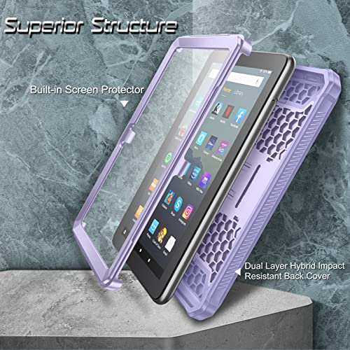 Fintie Shockproof Case for All-New Fire 7 Tablet (12th Generation, 2022 Release), [Tuatara] Rugged Unibody Hybrid Bumper Kickstand Cover with Built-in Screen Protector, Lilac Purple