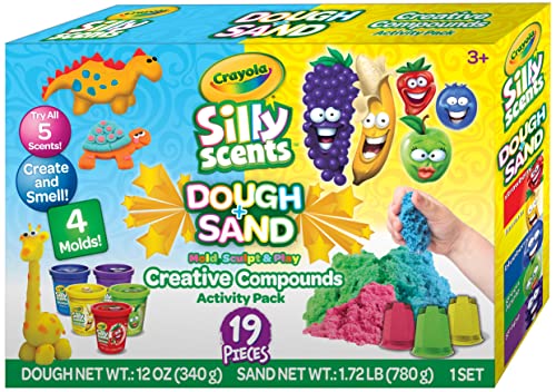 Crayola Silly Scents, Modeling Compound Activity Pack | Includes 6 Scented Dough Tubs, 6 Scented Colored Play Sand Packs, and 7 Kids Tools | Great Birthday Gift or Summer Fun for Toddlers.