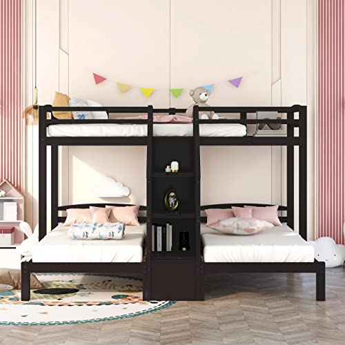 DEYOBED Twin Over Twin & Twin Wooden Triple Bed Bunk Bed with Built-in Storage Staircase and Drawer Storage Board for 3 Kids Adults