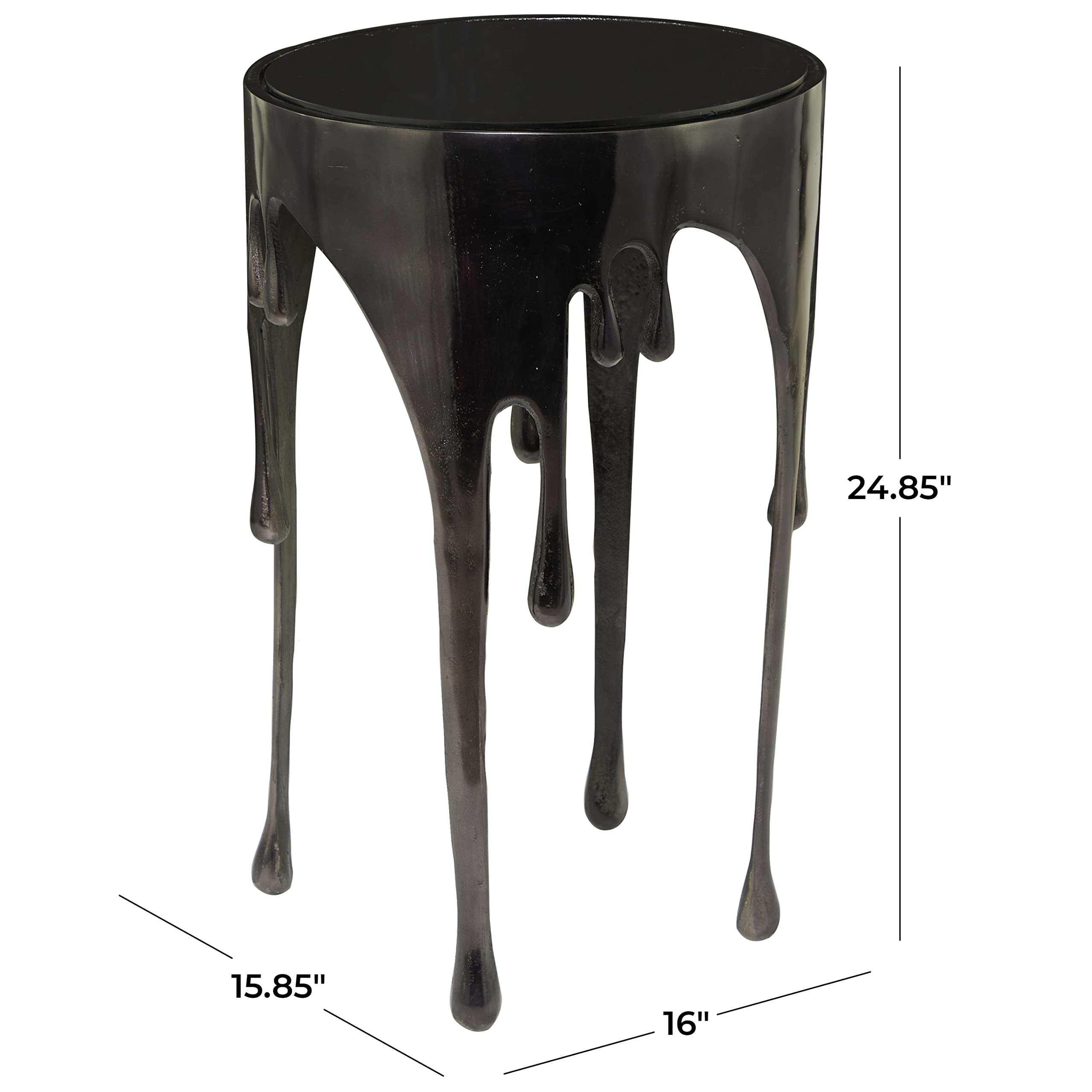 Deco 79 Aluminum Drip Accent Table with Melting Designed Legs and Shaded Glass Top, 16" x 16" x 25", Black