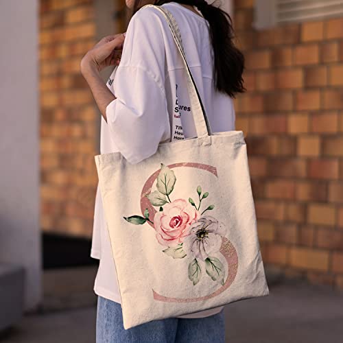 Floral Initial Canvas Bags for Women - Initial Tote Wedding Bag for Bridal Shower - Bachelorette Party Gift for Bridesmaid (Initial #T)