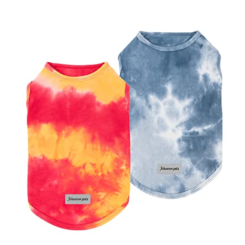Fitwarm 2 Pack Tie Dye Dog Shirt, Summer Dog Clothes for Small Dogs Boy, Lightweight Pet Tshirt, Cat Outfit, 100% Breathable Cotton, Red, Yellow, Blue, XS