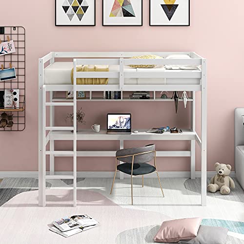 DEYOBED Twin Size Wooden Loft Bed Frame with Desk, Shelves for Kids Teens Adults