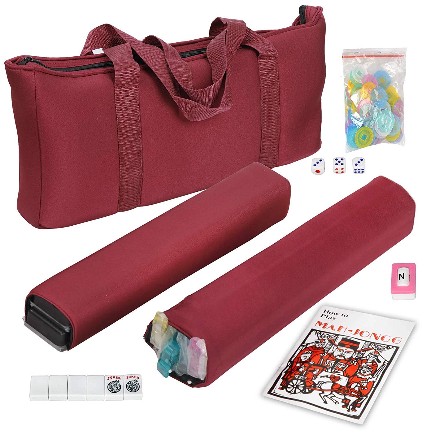 HNDTEK American Mah Jongg Mahjong Set 166 Tiles, 4 Colors All-in-One Rack/Pushers, Red Soft Bag and Accessories –Classic Full Size Complete Mahjongg Mah Jong Set