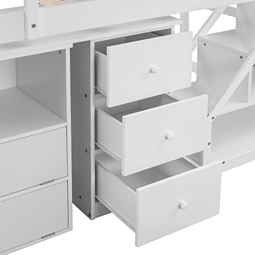 DEYOBED Twin Size Wooden Loft Bed Frame with Movable Desk and Storage Staircase - Elevate Sleep and Organization for Kids and Teens