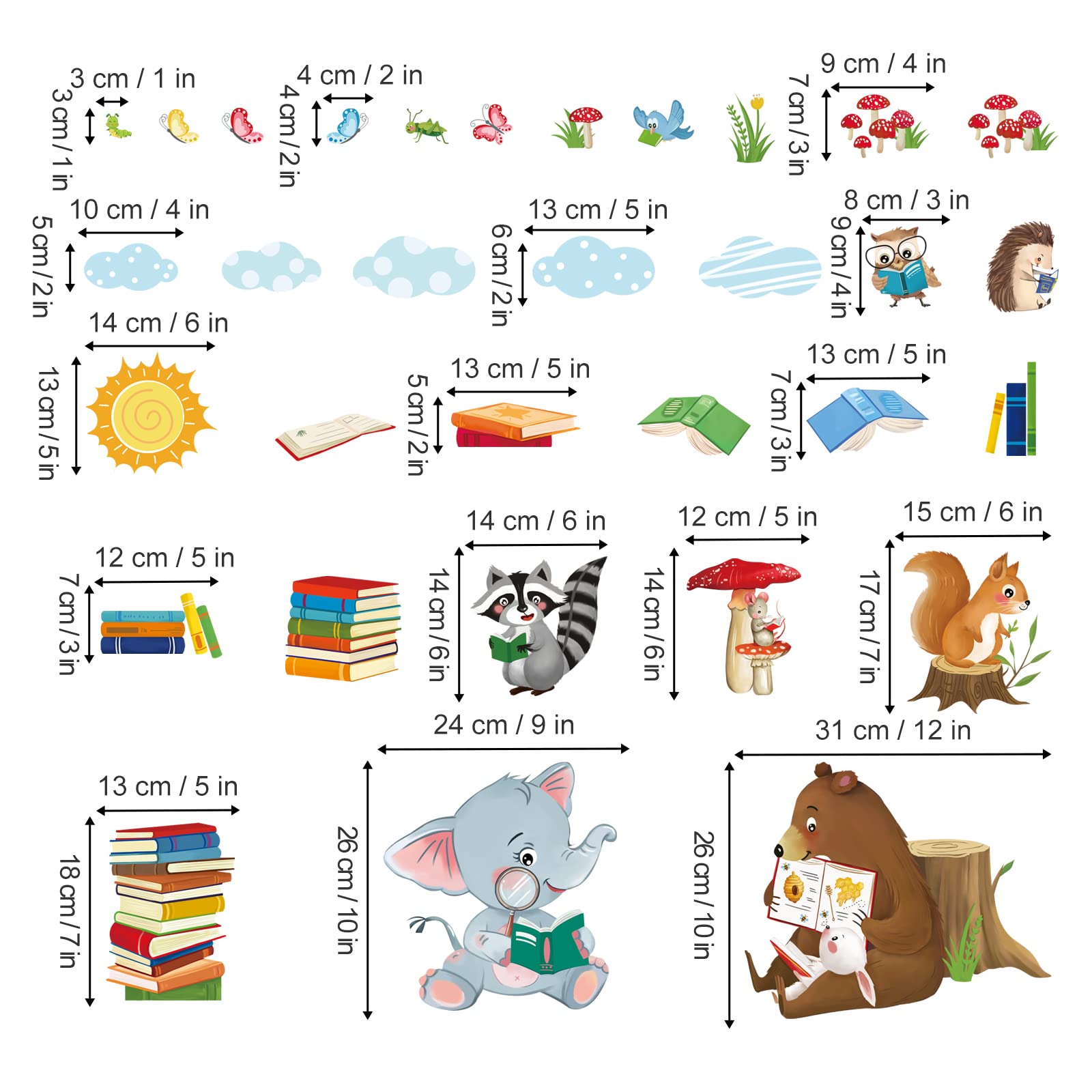decalmile Animals Reading Educational Wall Decals Elephant Bear Squirrel Wall Stickers Kids Bedroom Children Classroom Daycare Wall Decor