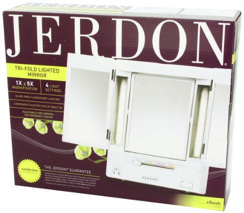 JERDON Tri-Fold Two-Sided Makeup Mirror with Lights - Vanity Mirror with 5X Magnification & Multiple Light Settings - White Base - Model JGL9W