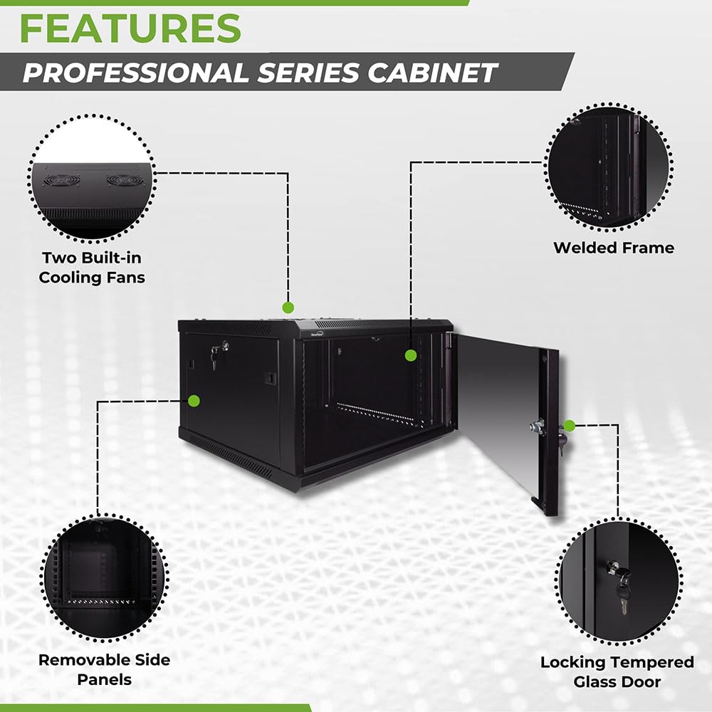 NavePoint 6U Server Rack Enclosure - 23.6β Deep, 6U Wall Mount Network Cabinet with Locking Glass Door for 19β IT Equipment, 6U Network Rack with 2 Fans, Removable Side Panels, Black
