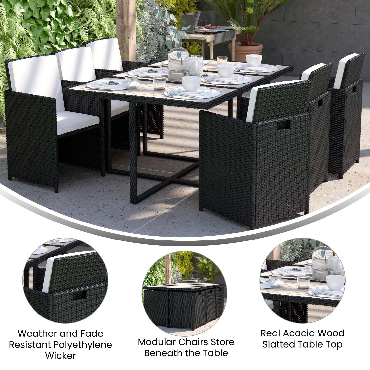 Flash Furniture Peregrine 7 Piece Outdoor Patio Dining Set - Space Saving Black Wicker Modular Chairs & Cream Cushions-Gray Finish Acacia Wood Table-Seating for 6