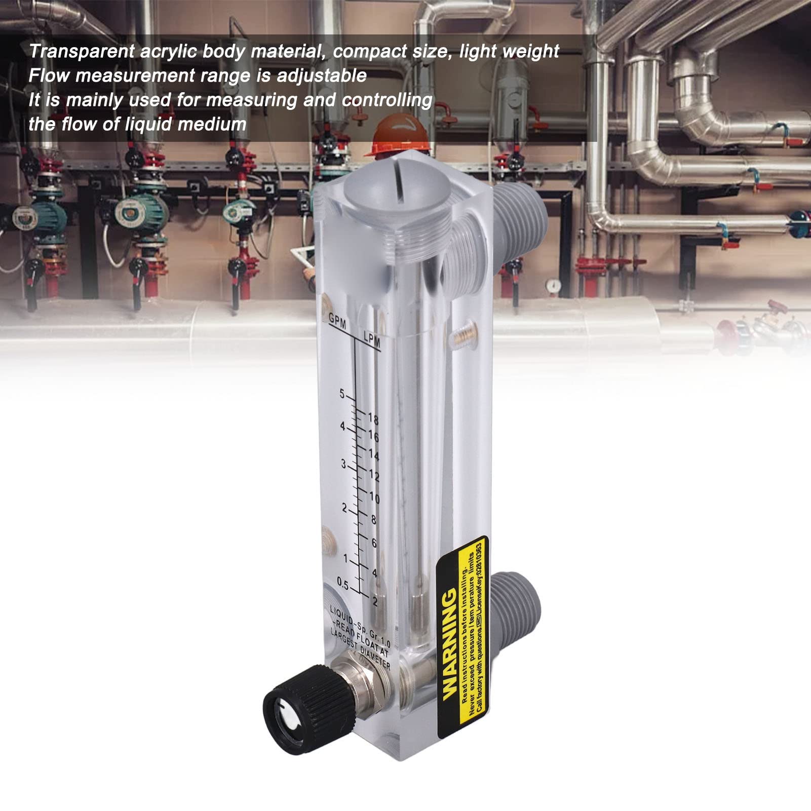Liquid Flowmeter, Panel Type High Accuracy Water Meter Acrylic Transparent Adjustable Fluid Meter for Measure and Control The Rate of Liquid Medium, 0.5-5GPM